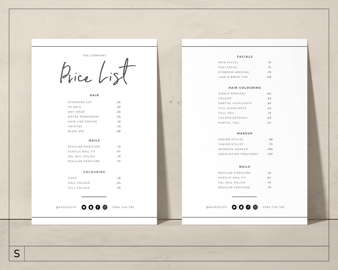 Minimalist Price List Template / Modern Menu Template / - Etsy