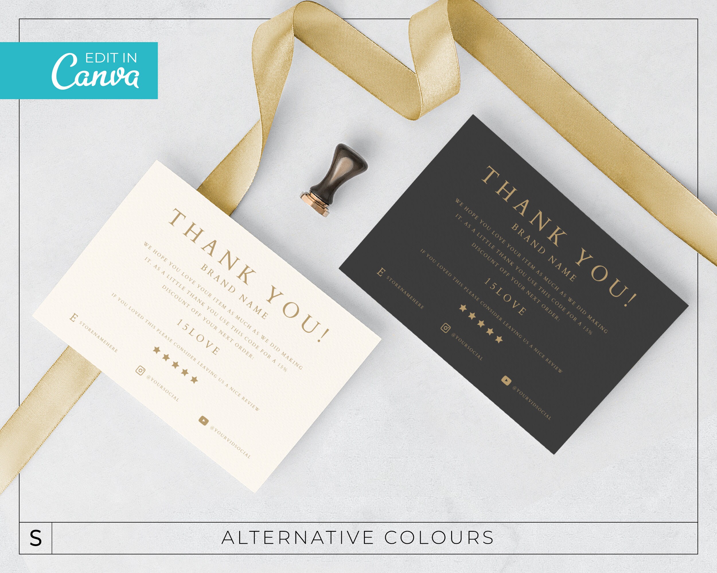 Gold Thank You Card Template Canva / Editable Thankyou Card Template ...