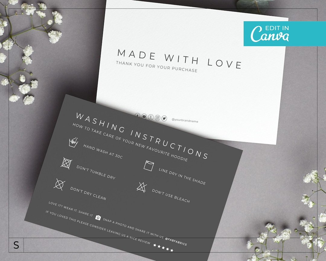 Minimalist Washing Instructions Card Template / Editable Clothing Care ...