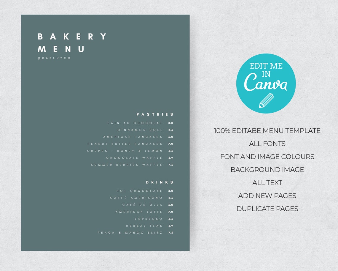 Minimalist Bakery Menu Template / Editable Restaurant Menu / - Etsy