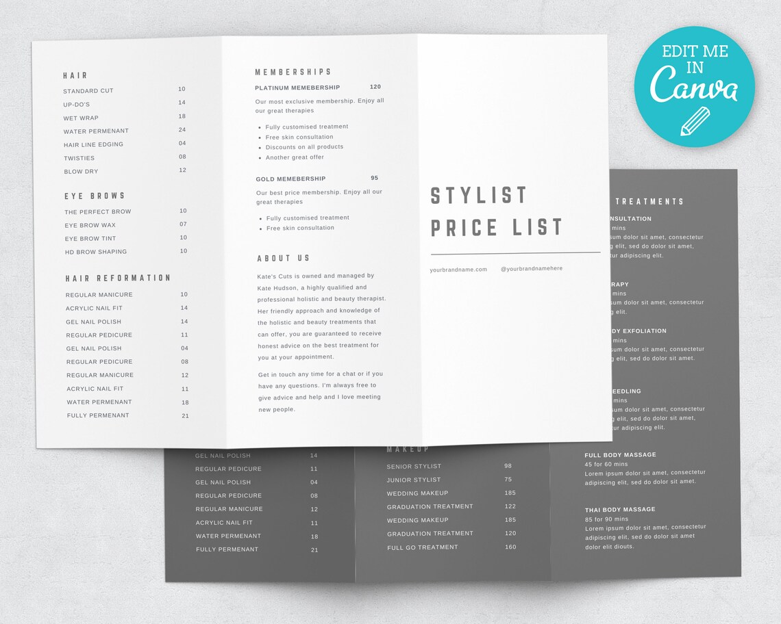 Modern Tri-fold Editable Price List Template / Minimalist Z - Etsy