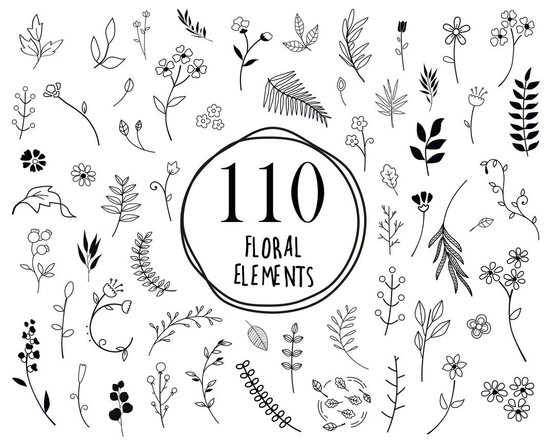 110 Hand Drawn Floral Elements // Floral Doodles // Hand Drawn Laurels ...