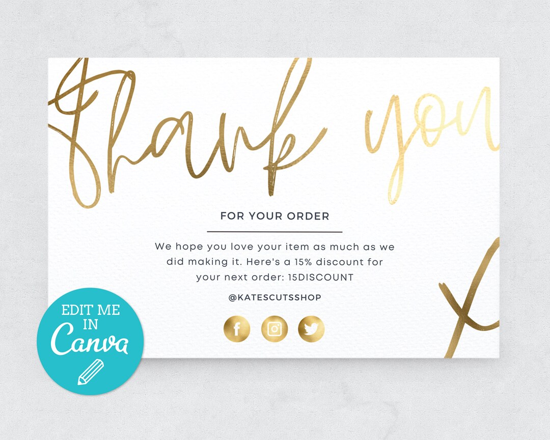 Gold Thank You for Your Order Card Template / Editable Business Thank ...
