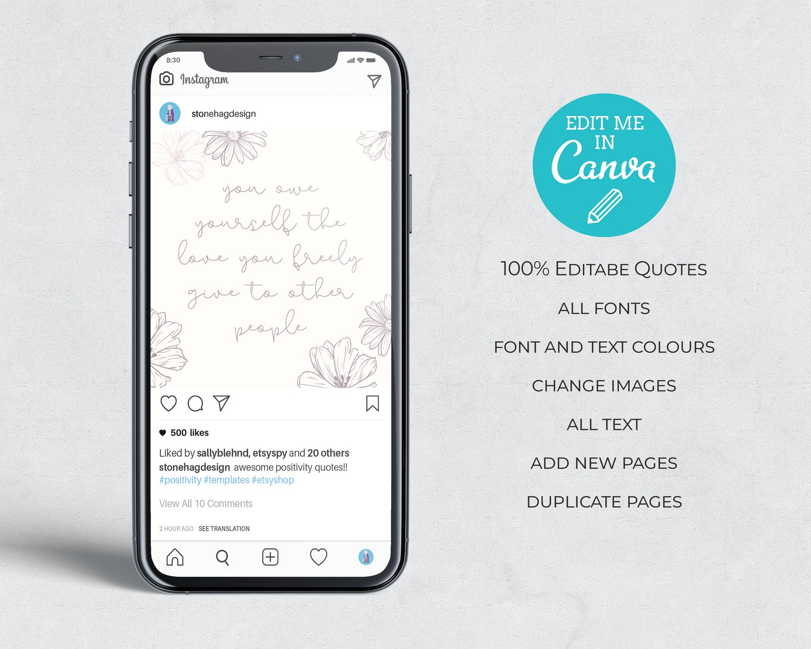 100 Positive Instagram Post Quotes / Editable Floral | Etsy