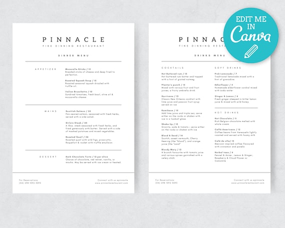 Editable Modern Menu Template / Minimalist Restaurant Menu / | Etsy