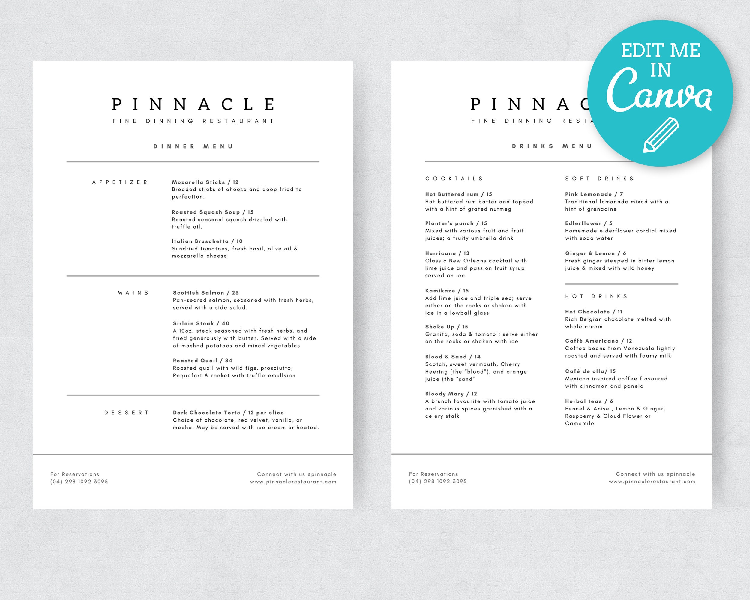 Editable Modern Menu Template / Minimalist Restaurant Menu / - Etsy