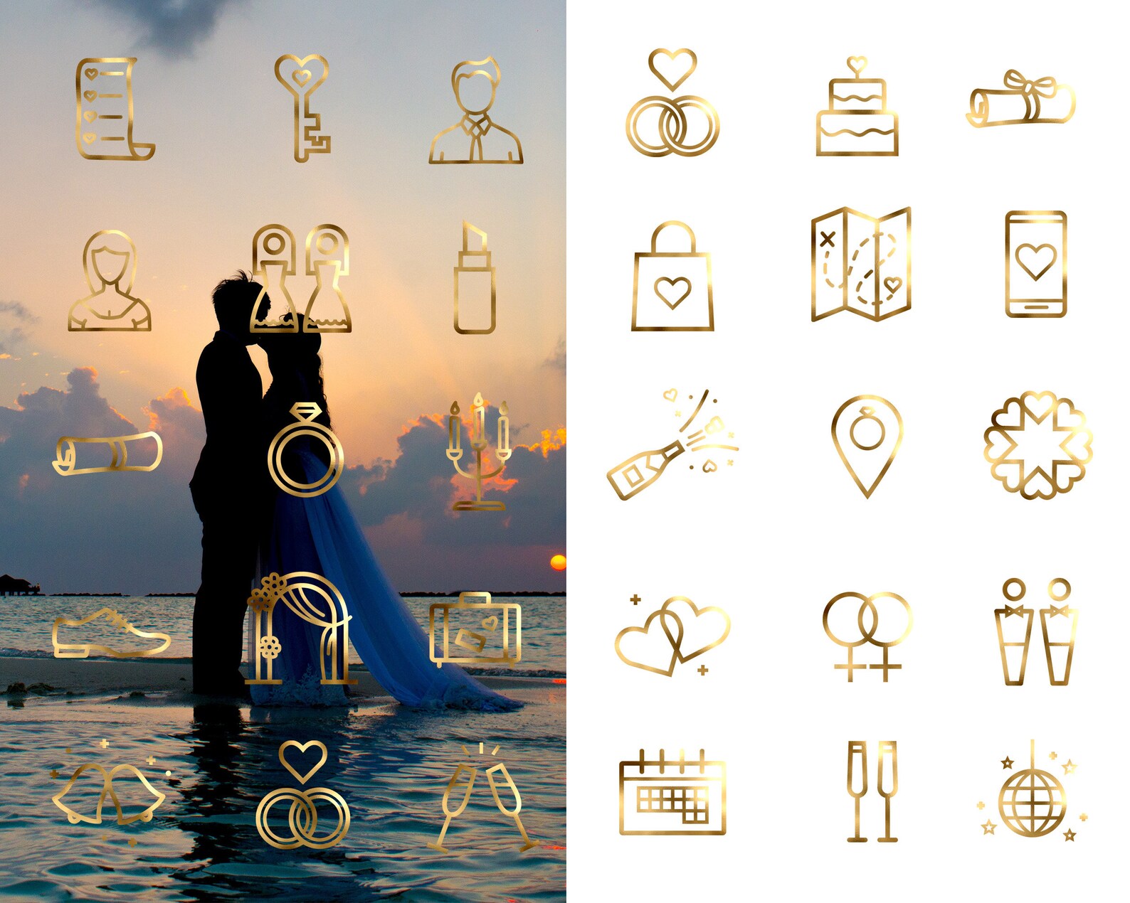 120 Gold Wedding Icons / Gold Foil Icons / Gold Marriage Icons ...