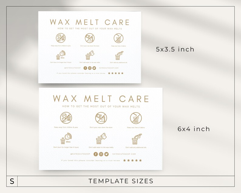 Gold Wax Melt Care Card Template / Editable Wax Melt Instructions Icons ...