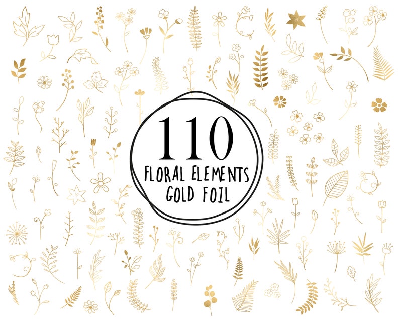 110 Hand Drawn Gold Floral Elements / Gold Foil Florals / Wedding ...
