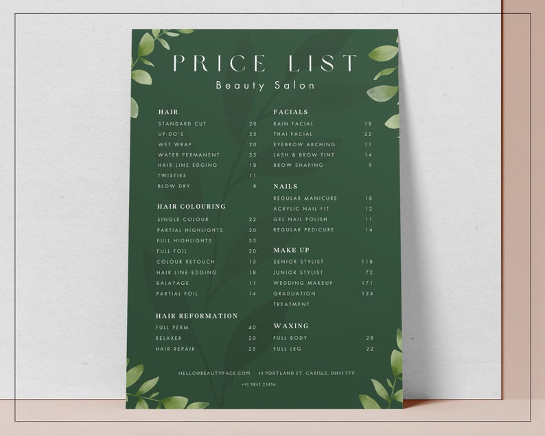 Green Price List Template / Green Leaves Price List Template / Editable ...