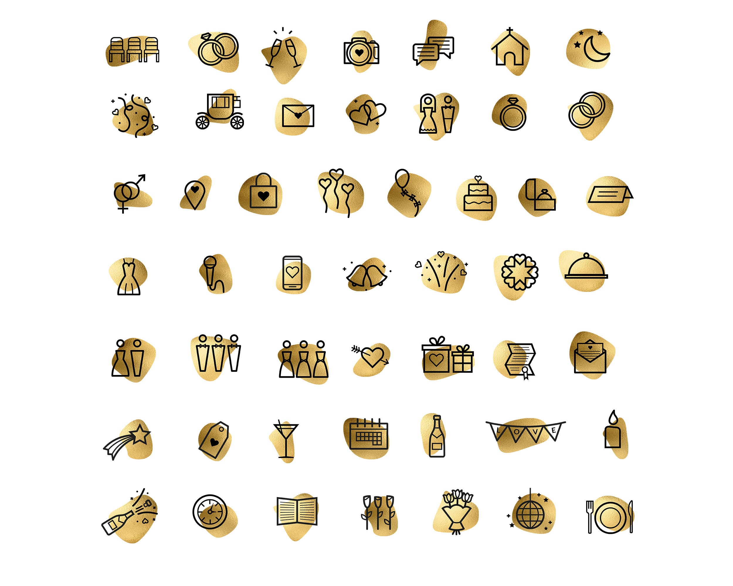 150 Gold Wedding Icons // Gold & Black Icons // Gold Foil Icons ...