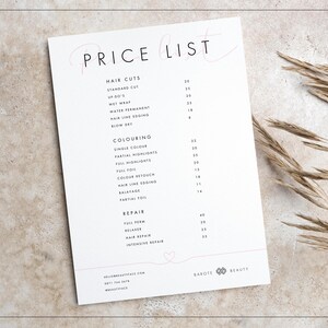 SMALL Price List Template / Feminine Menu Template / Postcard Heart ...