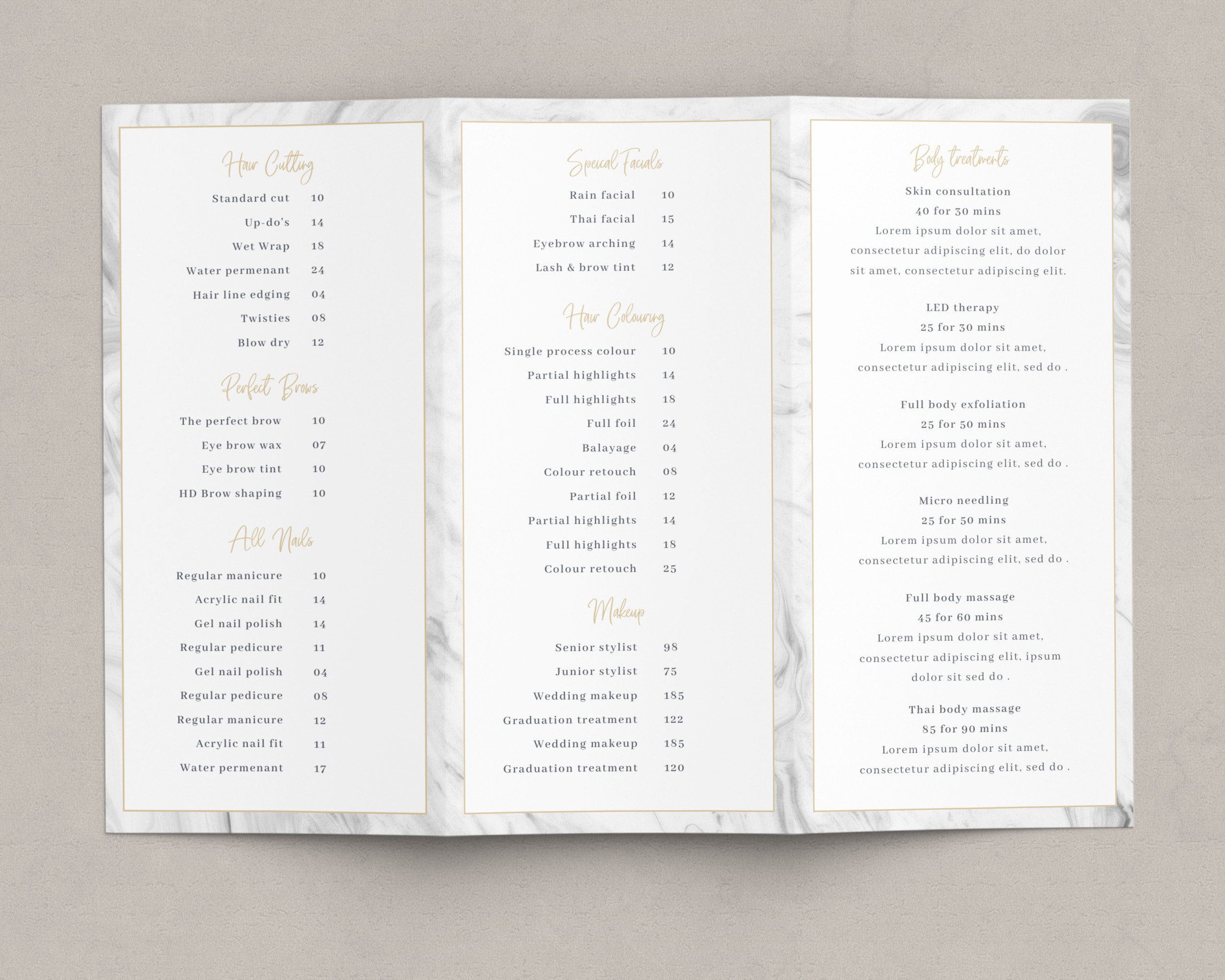 Editable Tri Fold Price List Template / Marble & Gold Z Fold Price List ...