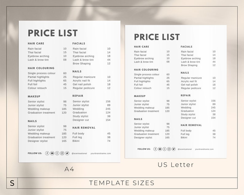 Minimalist Price List Template / Modern Menu Template / - Etsy