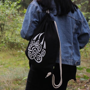 Viking Wolf Rune Backpack Black Canvas Viking Drawstring Viking Sack ...