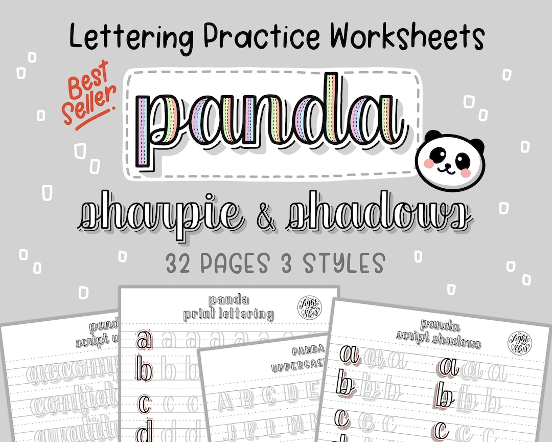 Panda Hand Lettering Practice Worksheets: Sharpie & Shadows (digital ...