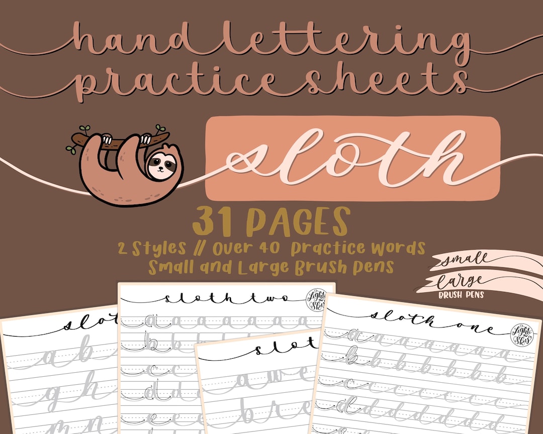 Sloth Hand Lettering Practice Worksheets for Small & Large Brush Pens ...