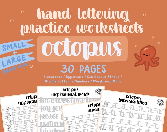 Octopus Hand Lettering Practice Worksheets for Small & Large | Etsy