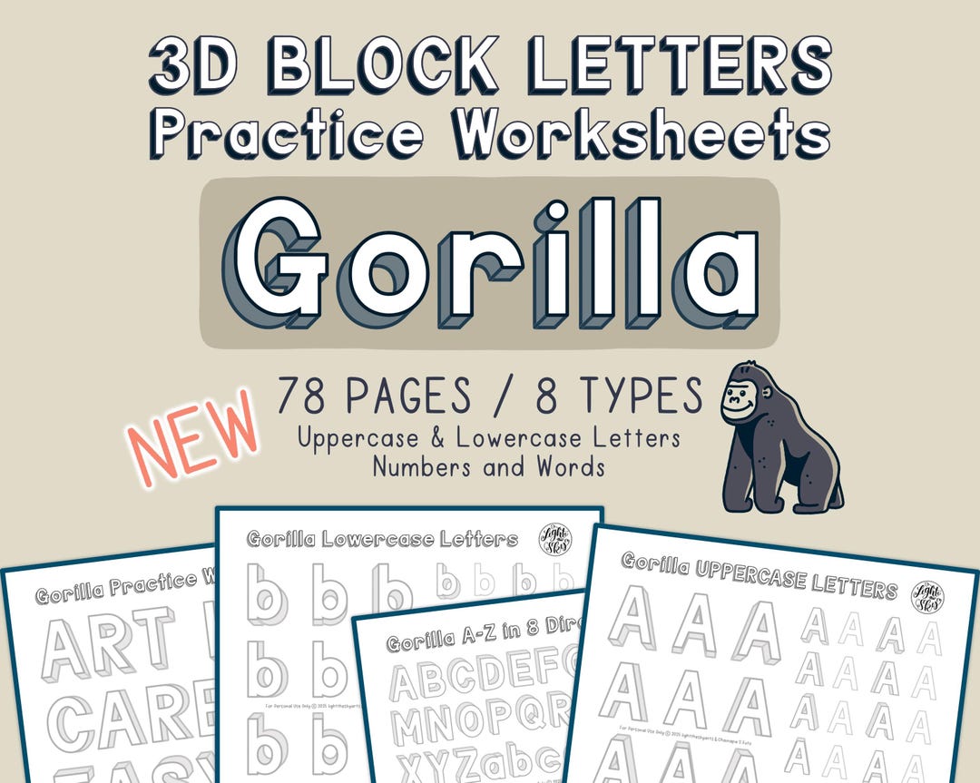 Gorilla 3D Block Letters Practice Worksheets (digital Download) - Etsy