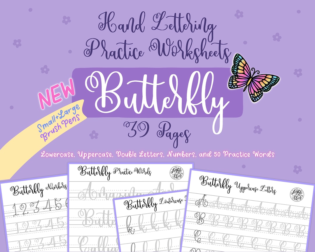 Butterfly Hand Lettering Practice Worksheets for Small & Large Brush ...