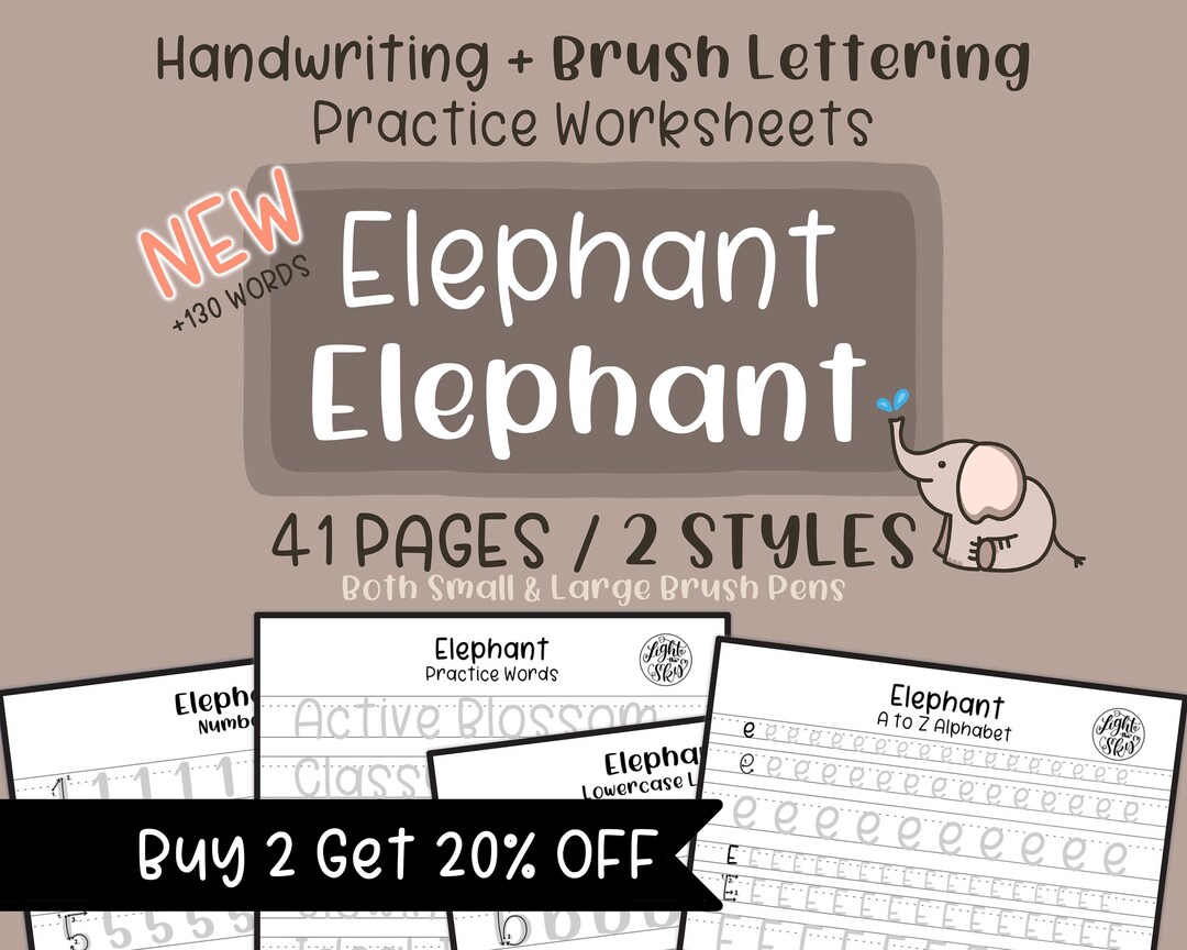 Elephant Handwriting & Brush Lettering Practice Worksheets 2 - Etsy
