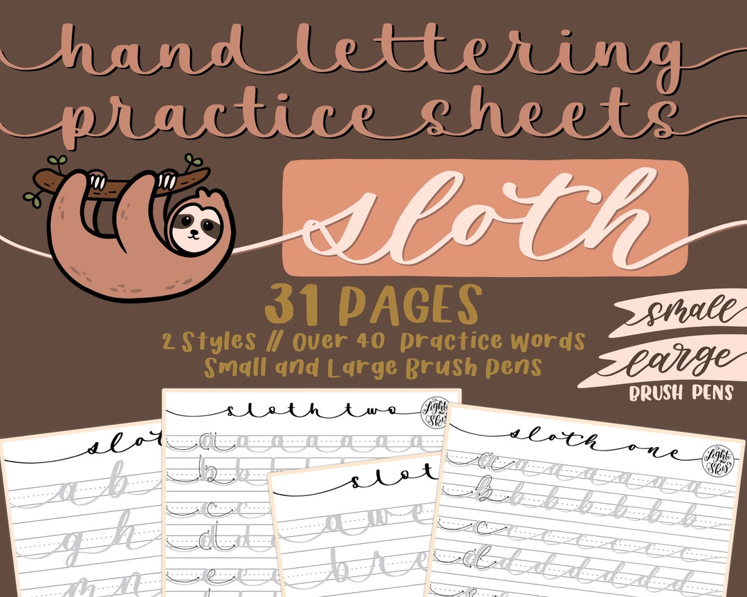 Sloth Hand Lettering Practice Worksheets for Small & Large - Etsy