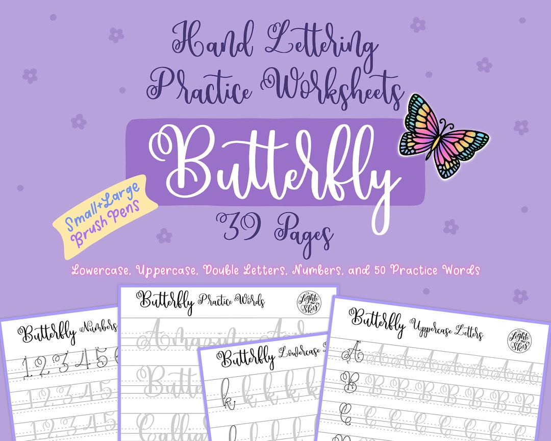 Butterfly Hand Lettering Practice Worksheets for Small & Large Brush ...