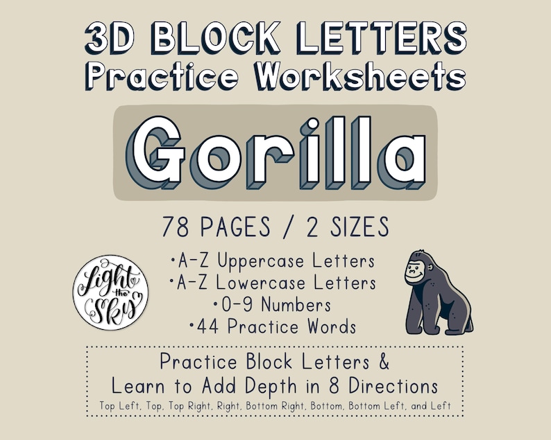 Gorilla 3D Block Letters Practice Worksheets (digital Download) - Etsy