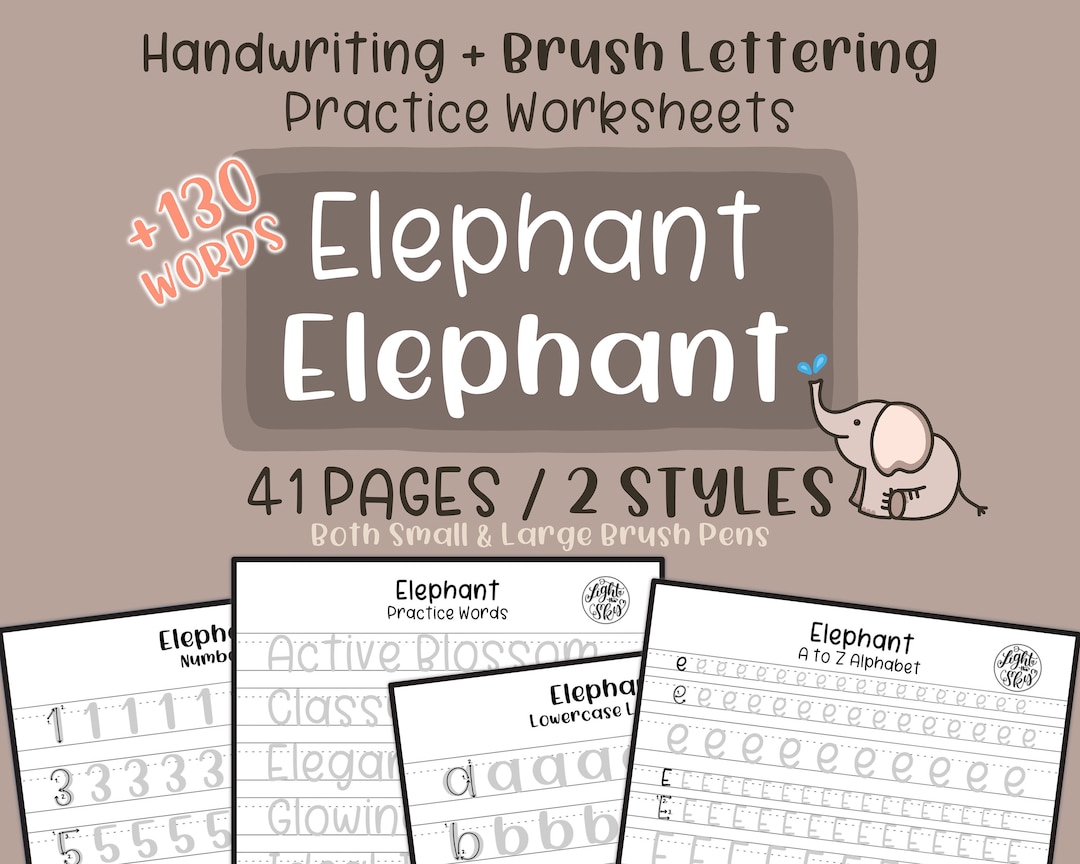 Elephant Handwriting & Brush Lettering Practice Worksheets: 2 Styles ...