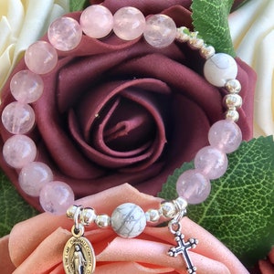 Rosary Bracelet - for Women - Rose Quartz - White Howlite - Stretch ...