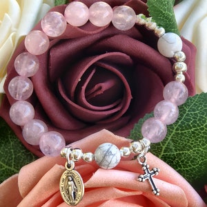 Rosary Bracelet - for Women - Rose Quartz - White Howlite - Stretch ...