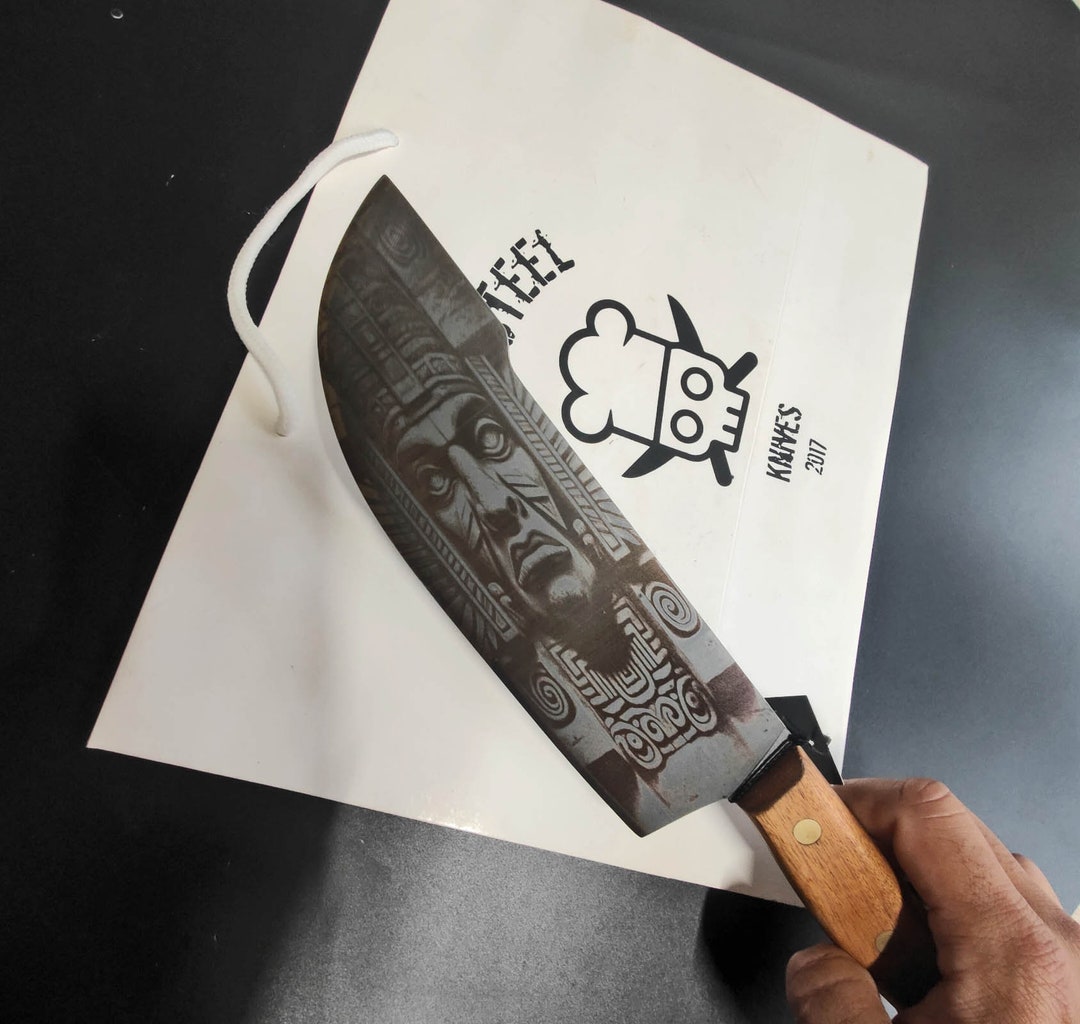 Divine Precision Butcher Knife With Inca God Engraving by Di'casteel - Etsy