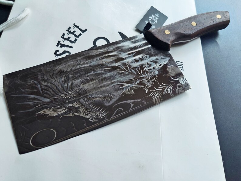 Elegance Meets Power Traditional Cleaver With Black Blade and Dragon ...