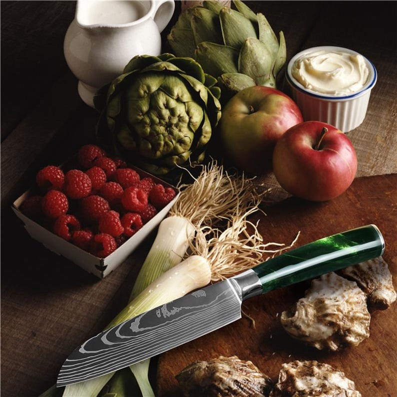 Personalized 9-piece Knife Set With Green Handle – Engraved Chef Gift ...