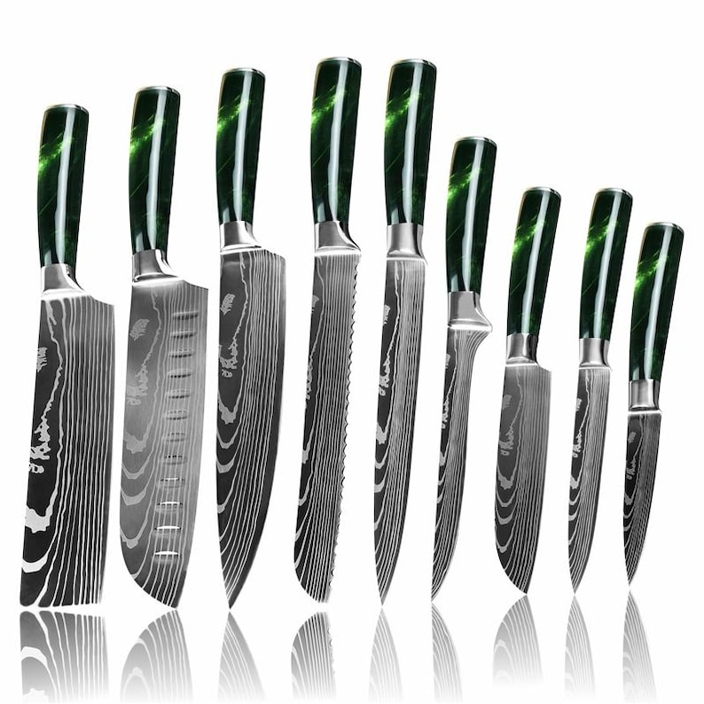 Personalized 9-piece Knife Set With Green Handle – Engraved Chef Gift ...