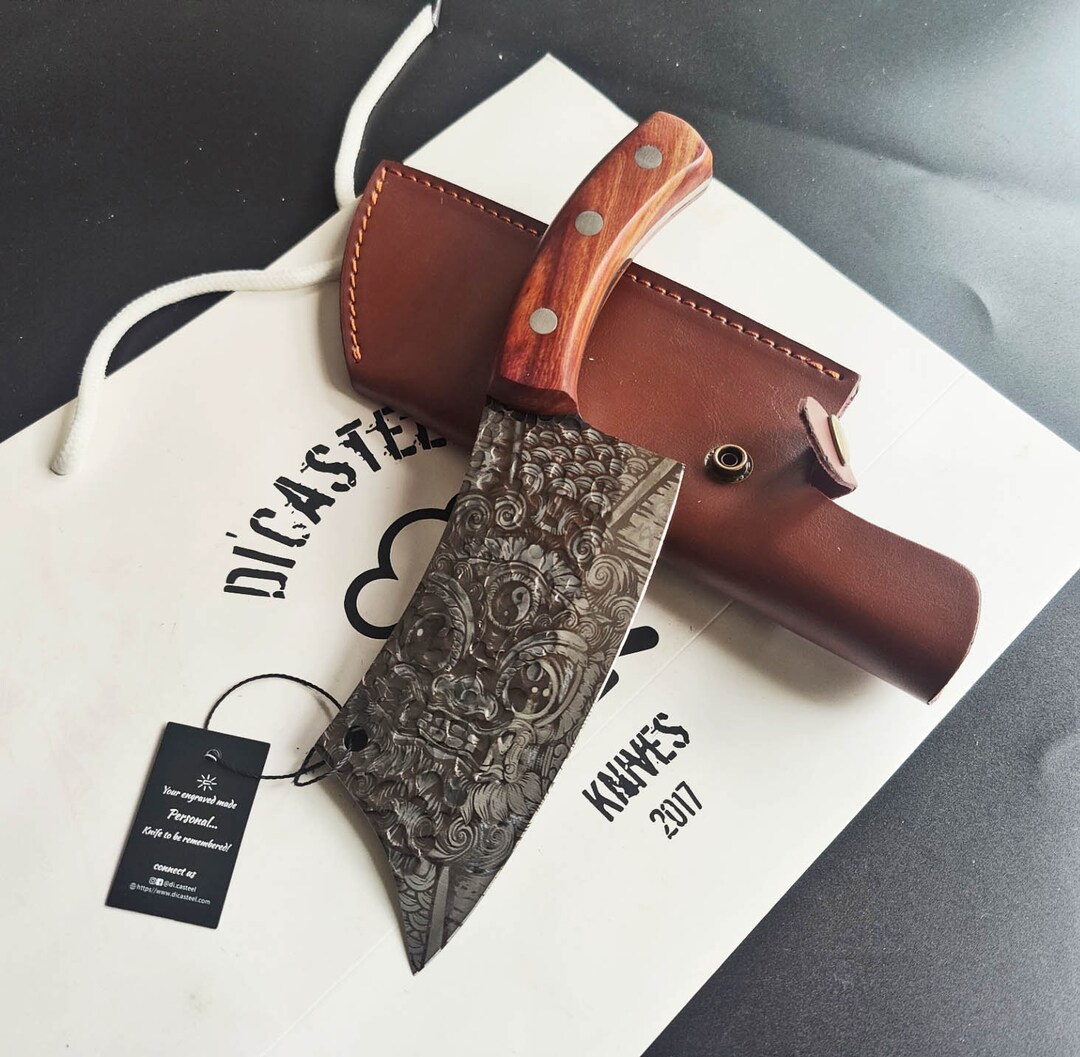 Mystic Edge Cleaver Knife With Balinese Mask Engravings by Di'casteel ...