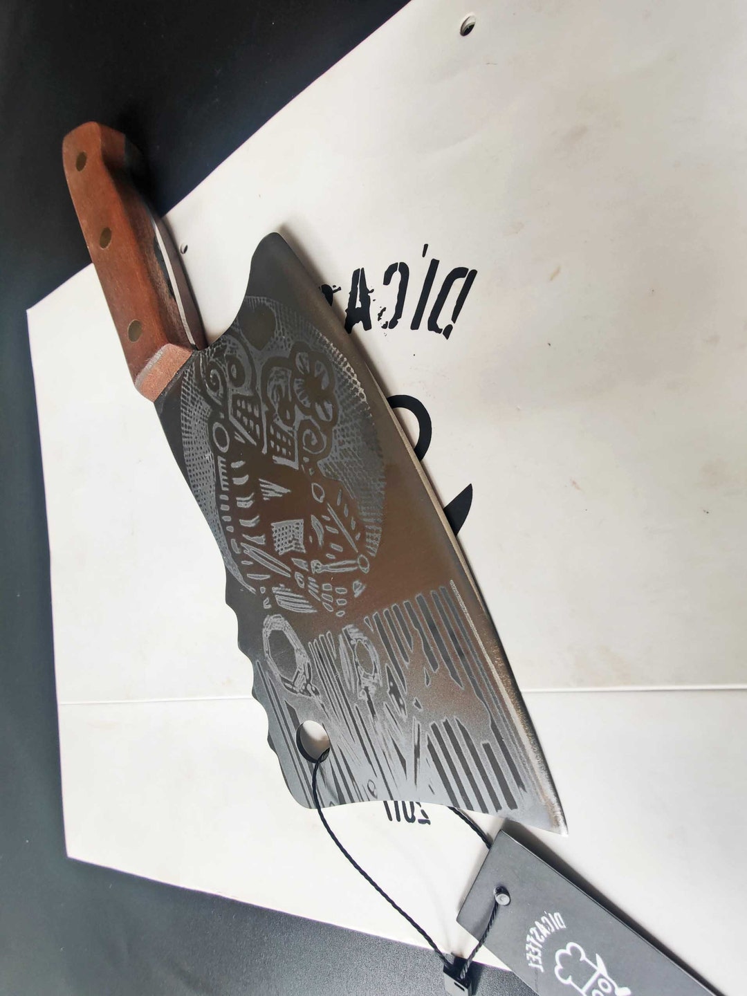 Black Blade Cleaver Knife: Lovers Skull Engraving, Gothic Kitchen Art ...