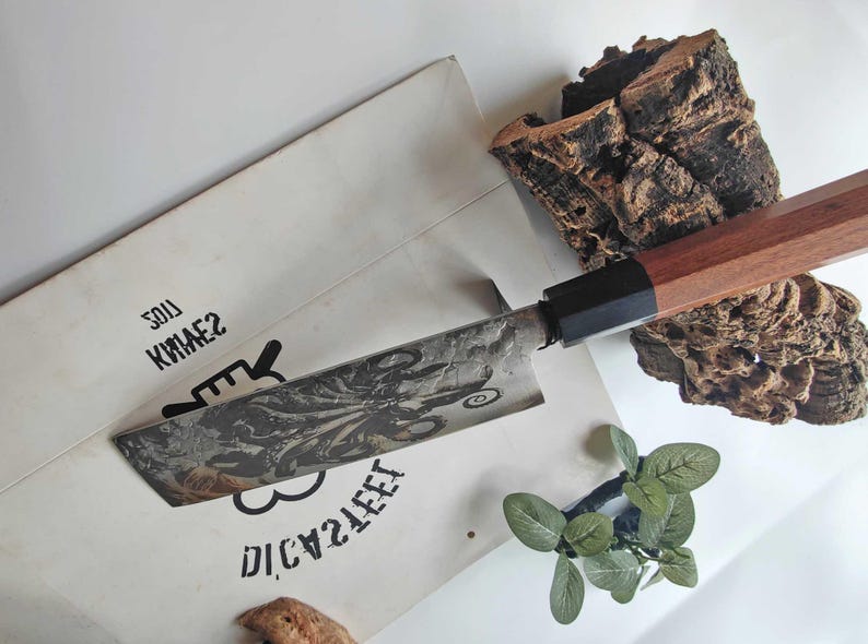 Unique Nakiri Knife Octopus Engraving: 7cr17mov Carbon Steel Blade ...