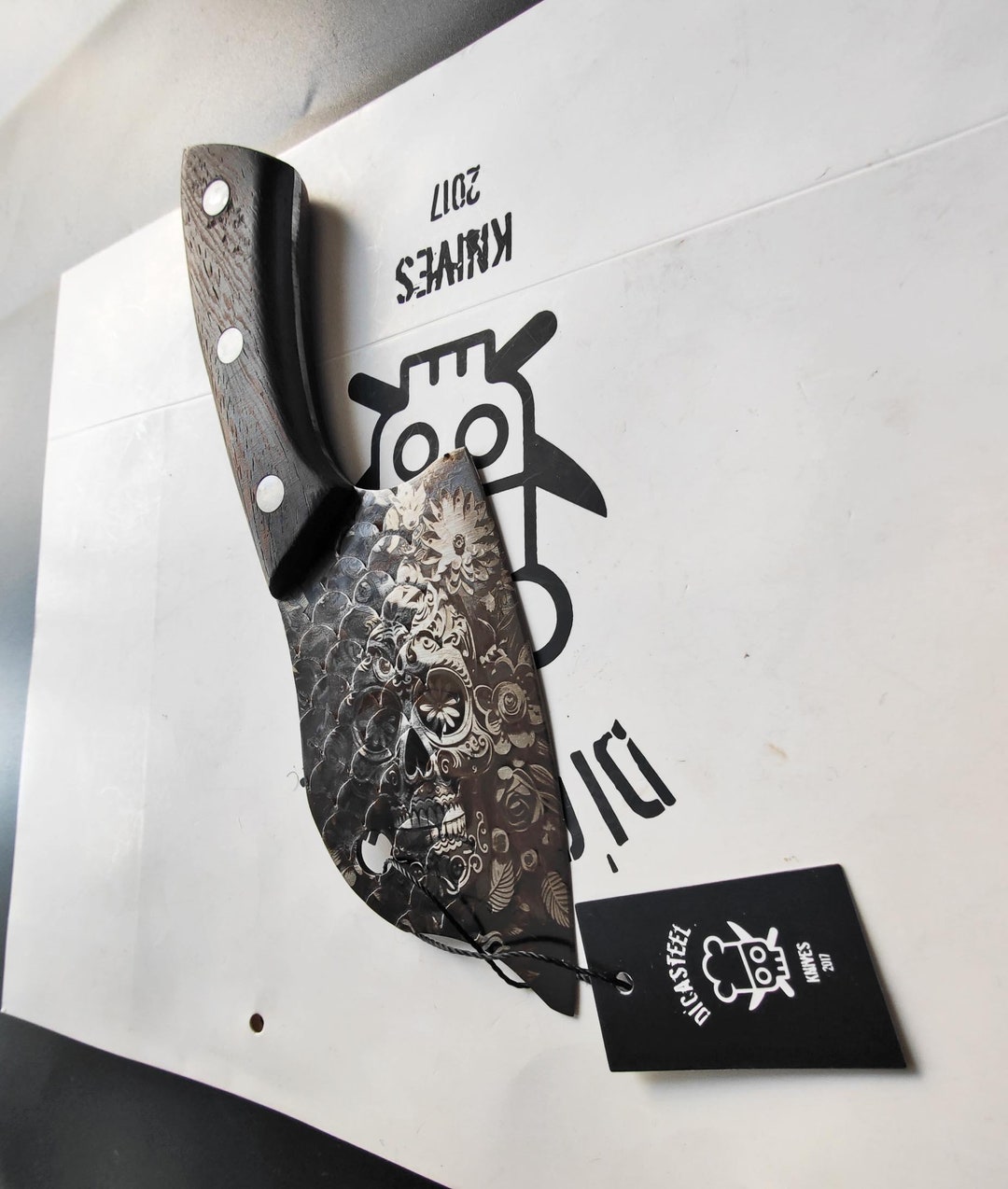 Skull Engraved Mini Cleaver Knife: Personalized Wenge Wood Handle - Etsy