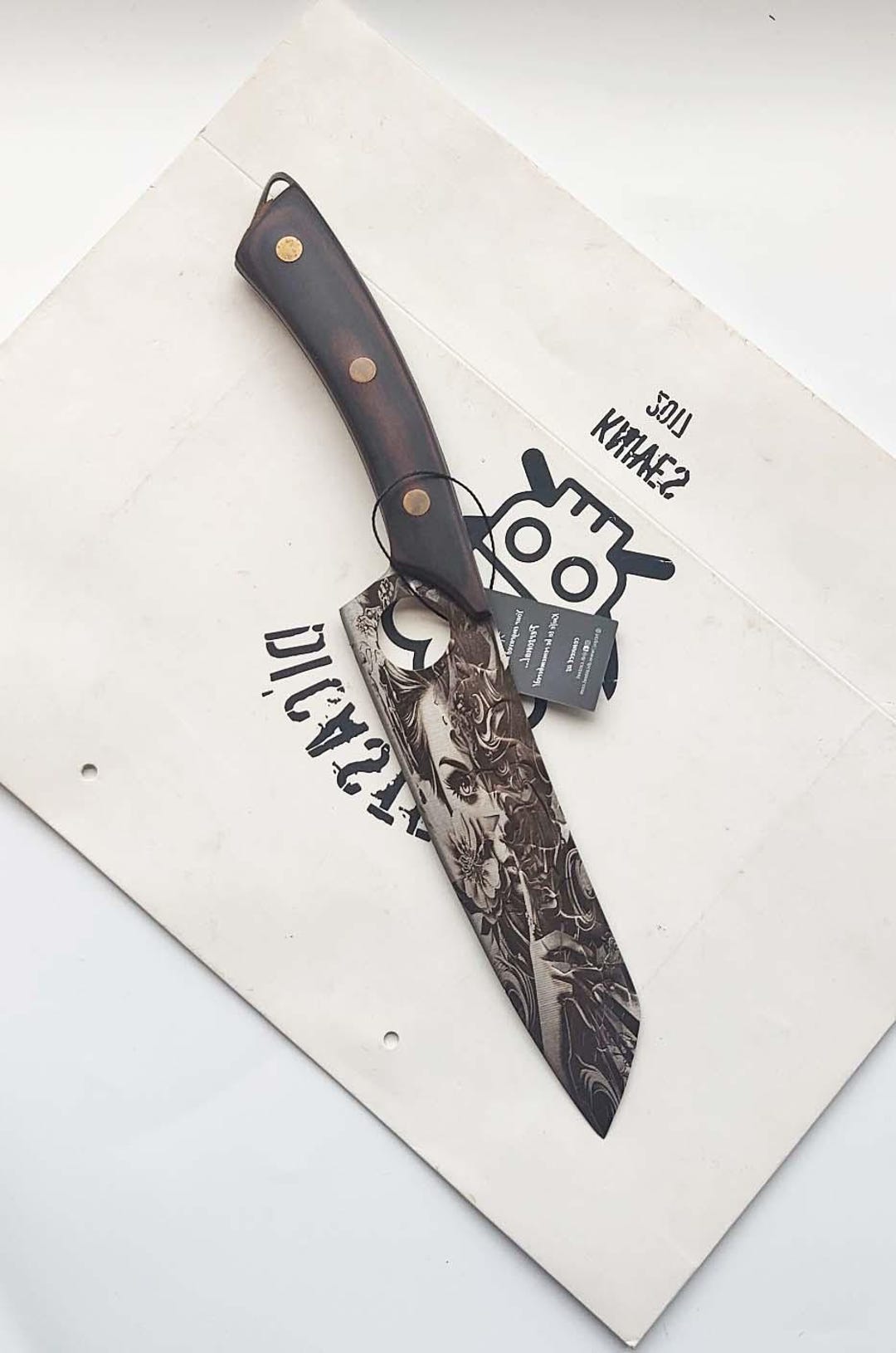 Unique Chopper Knife Engraving Japanese Art : Rosewood Handle, Oni ...