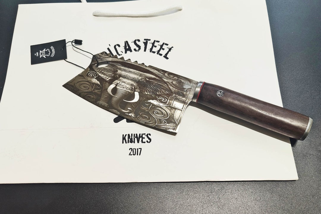 Majestic Beauty: Unique Cleaver Knife Elephant Engraved 6.5-inch by Di ...