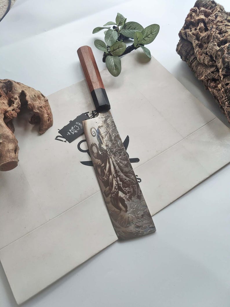 Unique Nakiri Knife Octopus Engraving: 7cr17mov Carbon Steel Blade ...