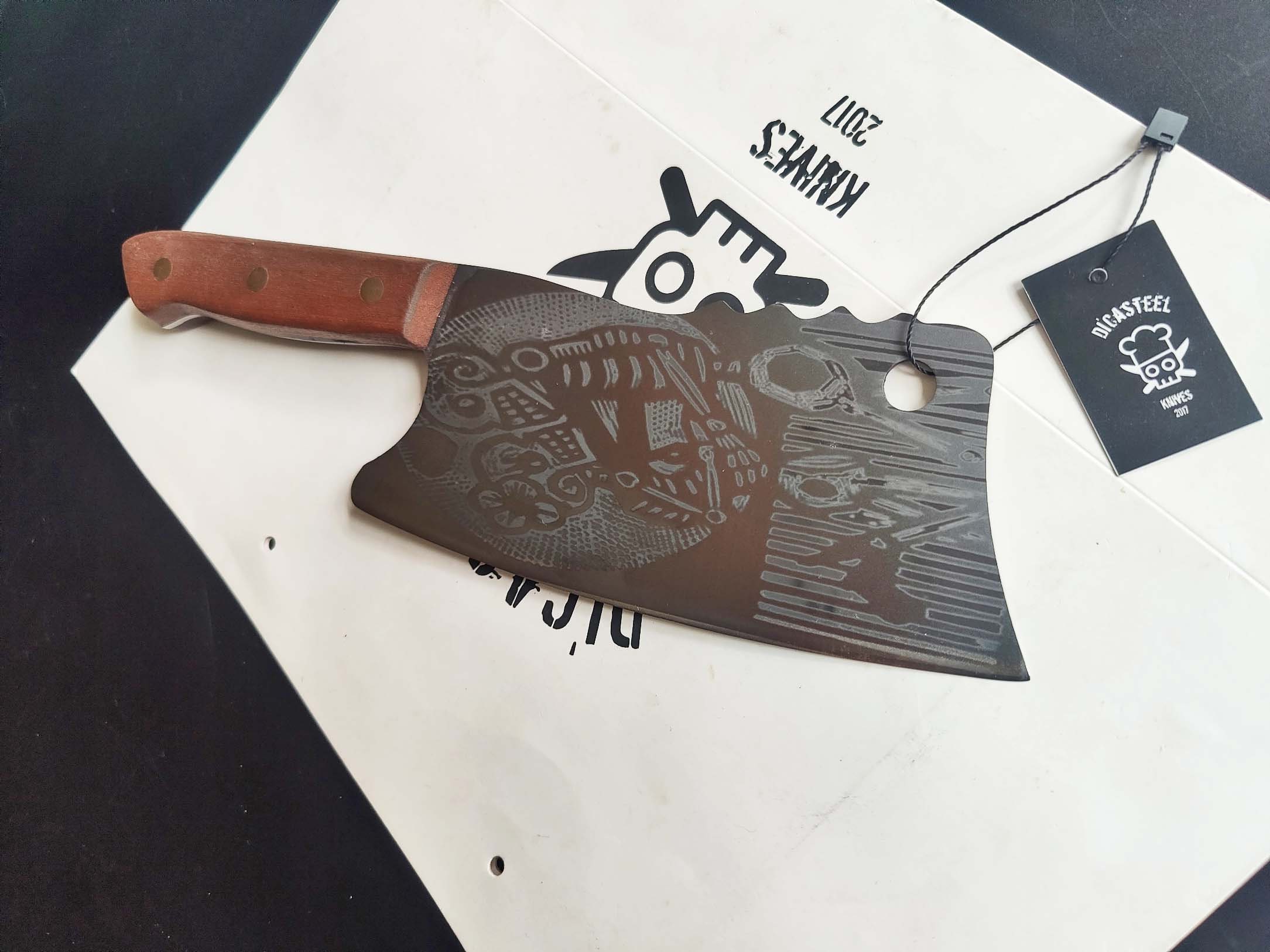 Black Blade Cleaver Knife: Lovers Skull Engraving, Gothic Kitchen Art ...