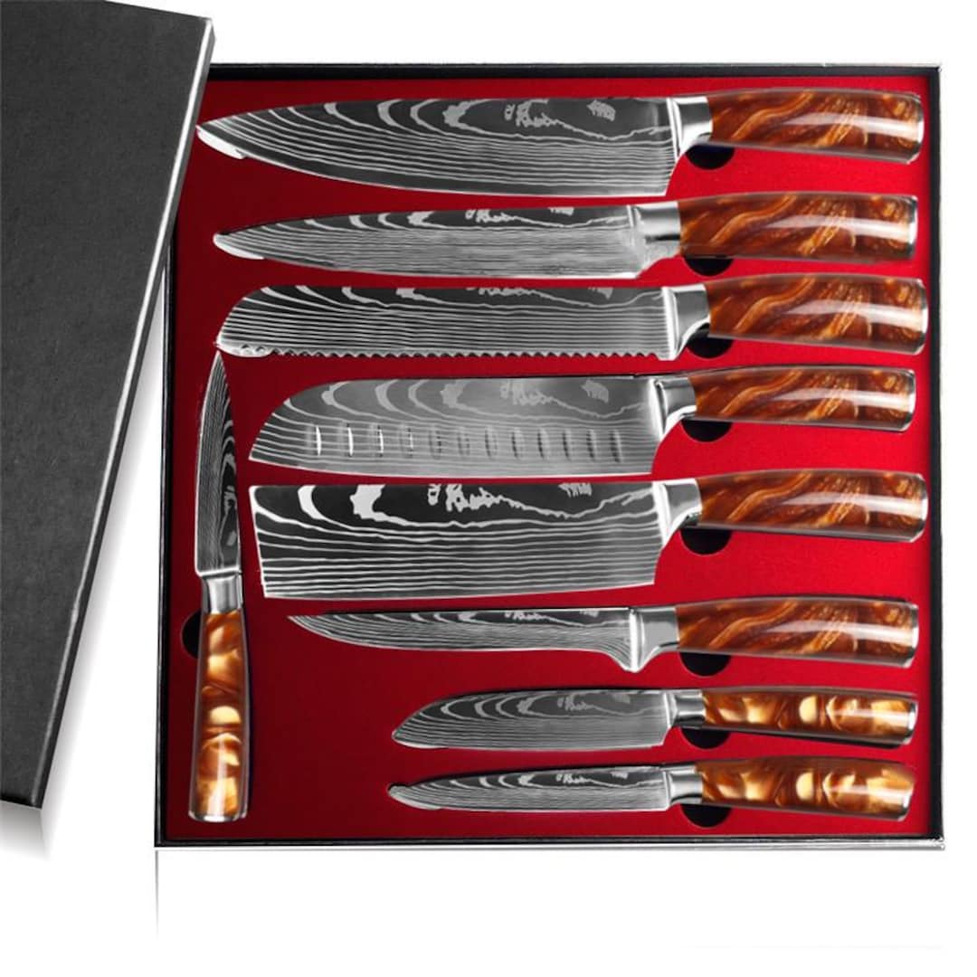 9-piece Damascus Kitchen Knife Set: Red Handles, Custom Engraving - Etsy