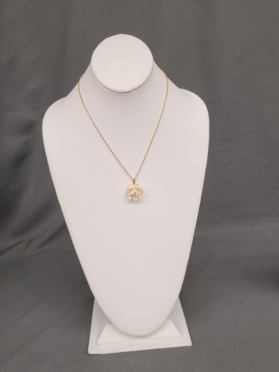Carved Bone Floral Rose Pendant w/Chain - Gem