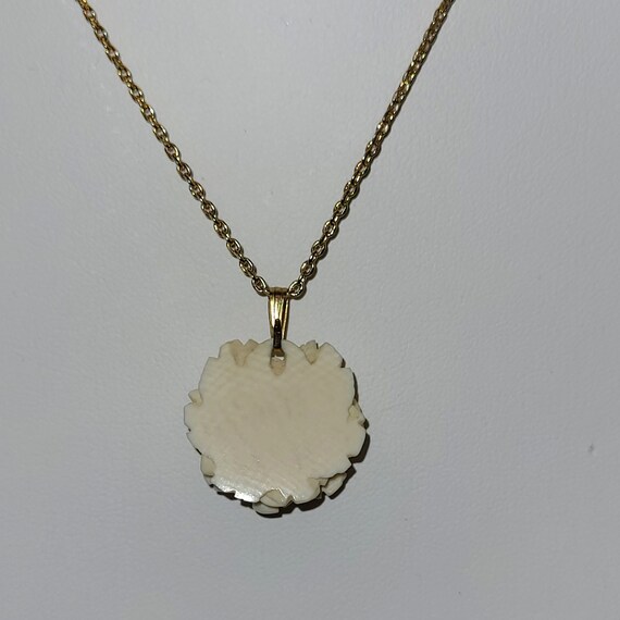 Carved Bone Floral Rose Pendant w/Chain - Gem