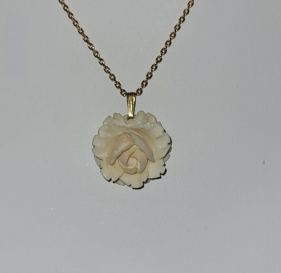 Carved Bone Floral Rose Pendant w/Chain - Gem