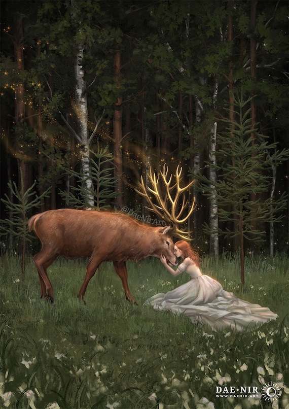 Deer With Golden Antlers / Original Slavic Art / Fantasy - Etsy