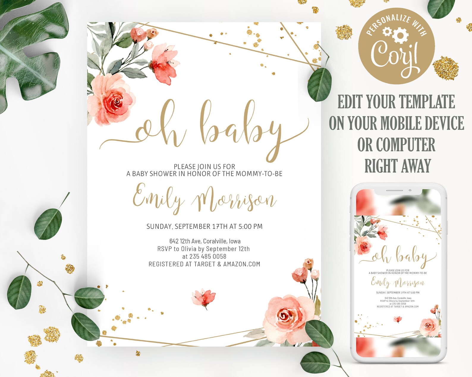 Pink Floral Oh Baby Invitation Template. Editable Blush Pink Baby ...
