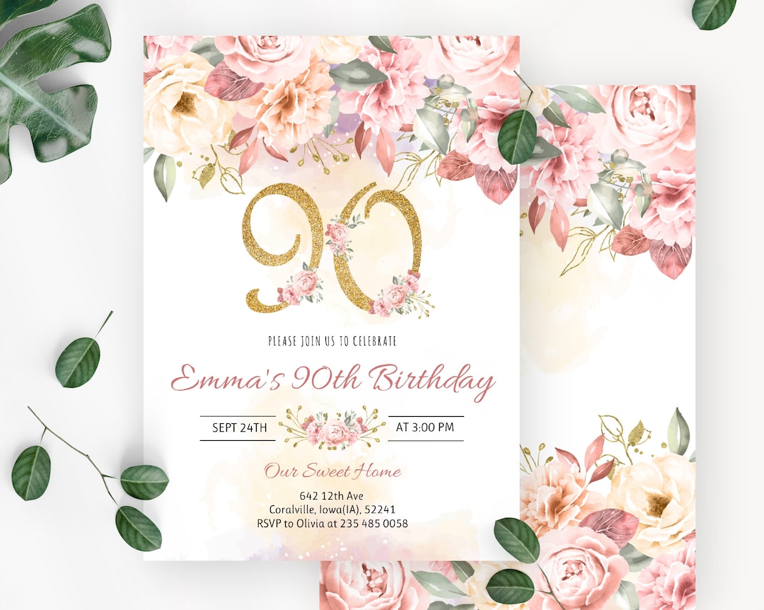 90th Birthday Invitation. Floral Birthday Invitation. Blush Pink Women ...